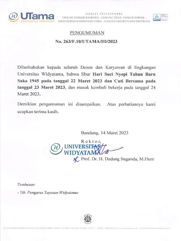 Surat No 263 - Pengumuman Libur Hari Suci Nepi Tahun Baru Saka 1945 & Cuti Bersama-1 | PDF