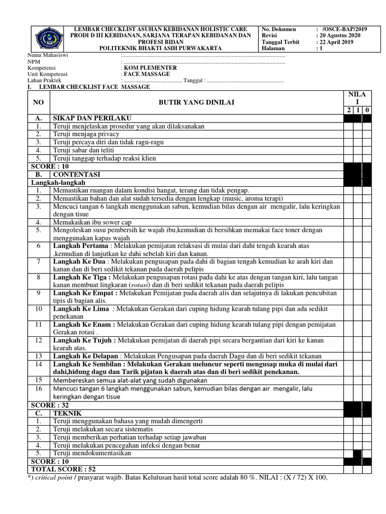 Lembar Checlist Face Massage-1 | PDF