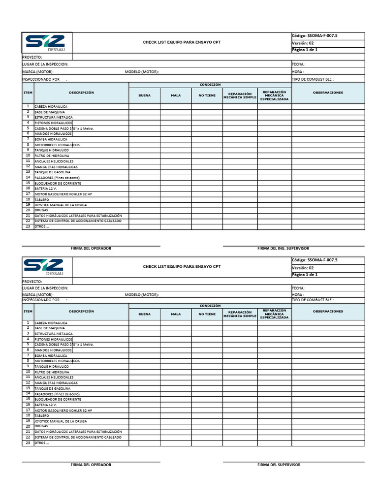 SSOMA-F-007.5 Check List Máquina CPT | PDF | Motores | Tanques SSOMA-F-007.5 Check List Máquina CPT | PDF | Motores | Tanques