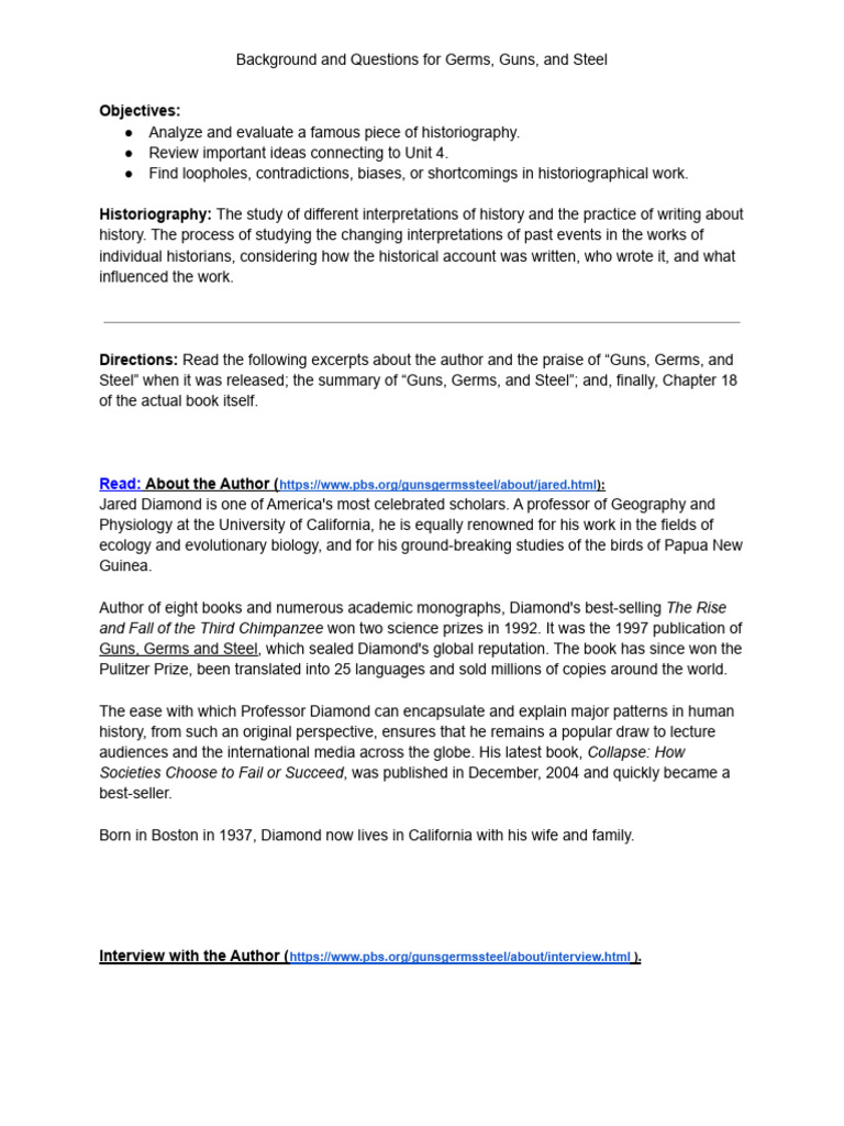 Background and Questions For Germs, Guns, and Steel | PDF