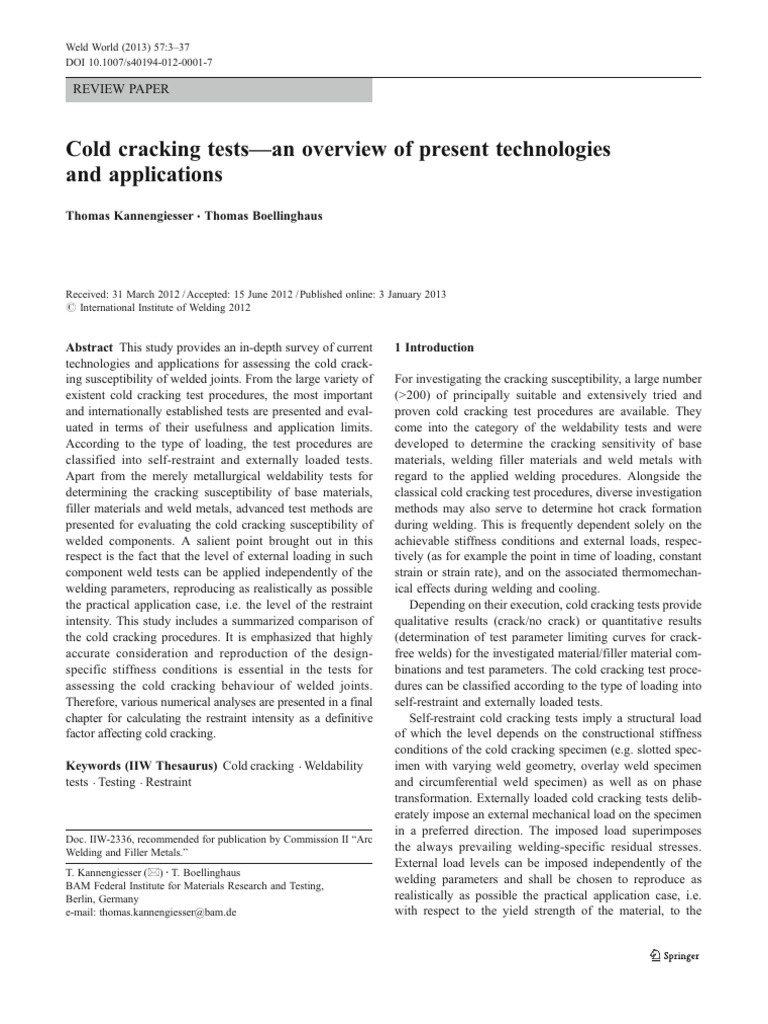 Cold Cracking Tests An Overview of Prese | PDF | Welding | Construction