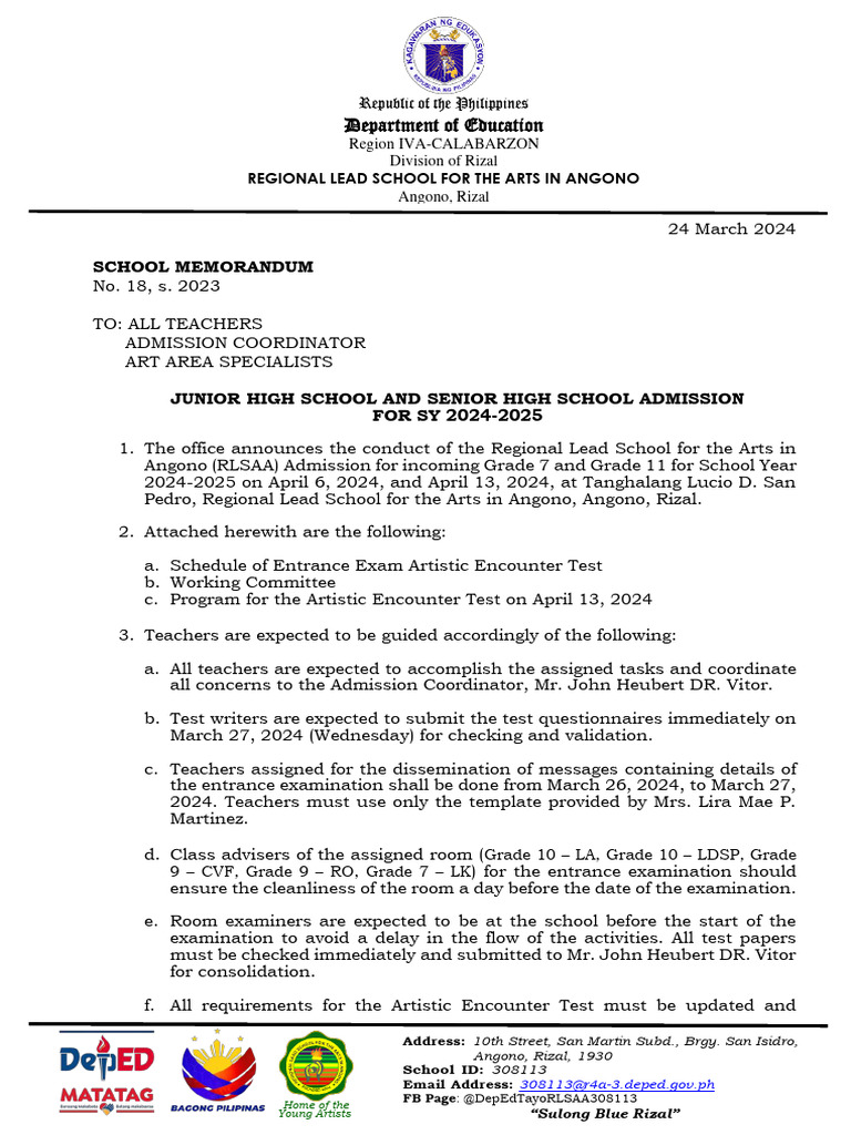 School-Memo-No.18-s.2024-RLSAA ADMISSION 2024 | PDF