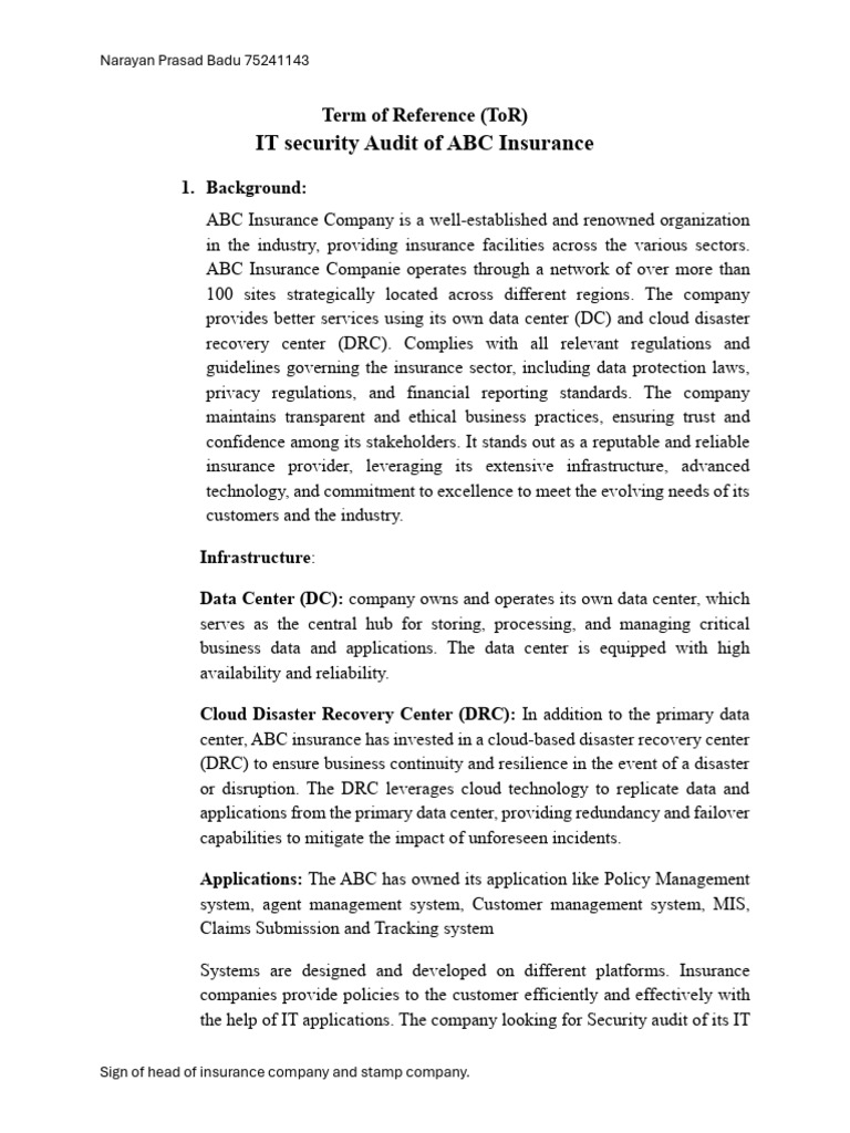 It Security Audit of Abc Insurance: Term of Reference (Tor) | PDF | Audit | Computer Security