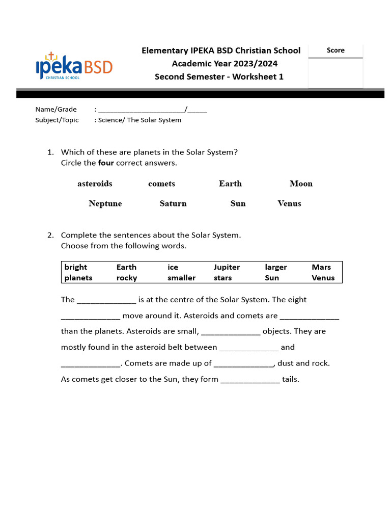Solar System Worksheet for Grades 1-8 | PDF | Solar System | Planets
