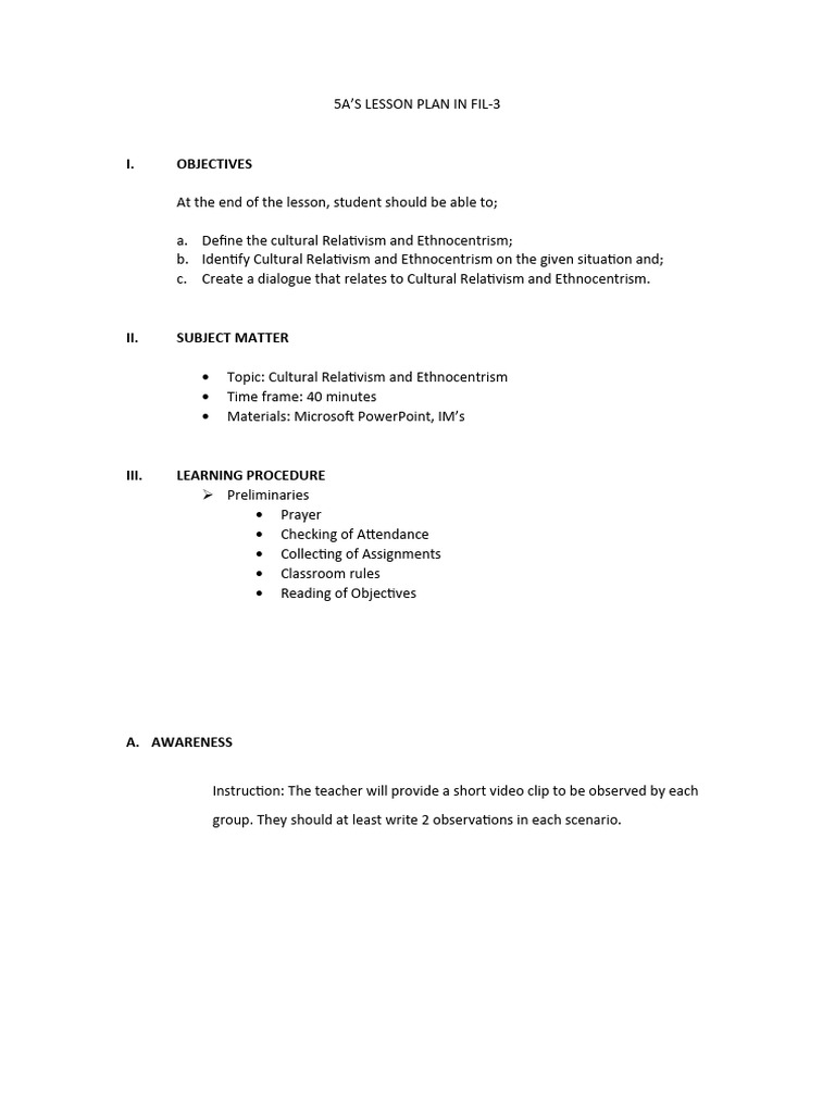 5as Lesson Plan Fil 3 - Final | PDF | Relativism | Lesson Plan