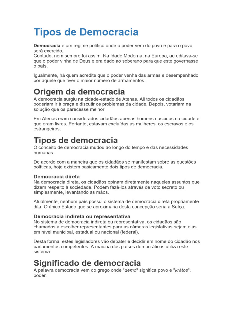 Tipos de Democracia | PDF | Democracia | Ideologias Políticas