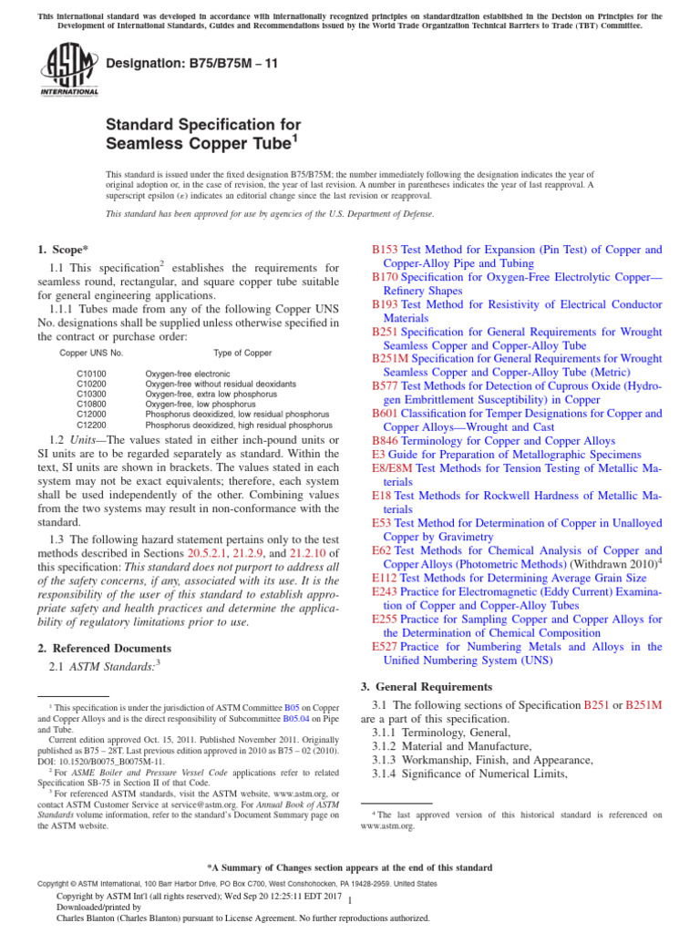 ASTM B 75 2011 - STD Spec For Seamless Copper Tube | PDF | Pipe (Fluid ...