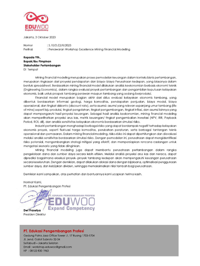 Penawaran Workshop Eduwoo Bulan Okt 2023 Mining Financial Modelling | PDF
