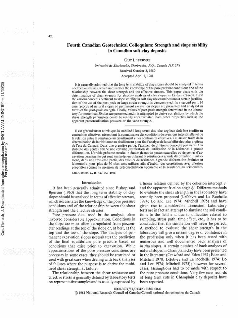 Lefebvre (1981) - Strength and Slope Stability in Canadian Soft Clay ...