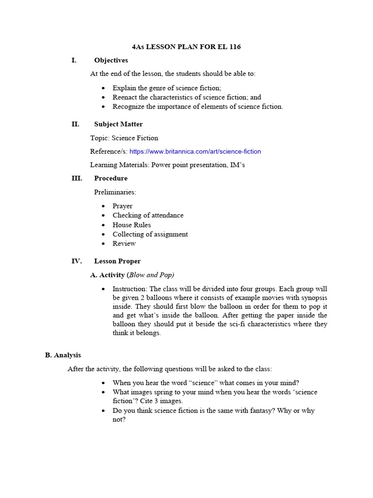 EL 116 Science Fiction Lesson Plan | PDF | Science Fiction | Science