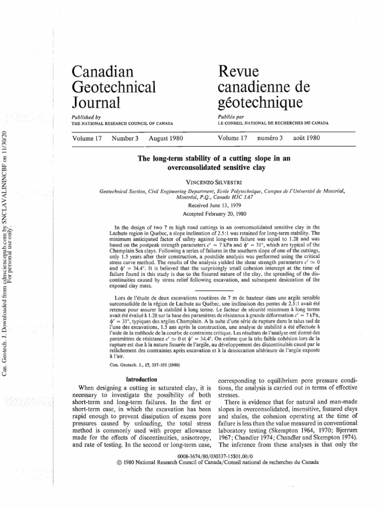 Silvestri (1980) - The Long-Term Stability of A Cutting Slope in An ...