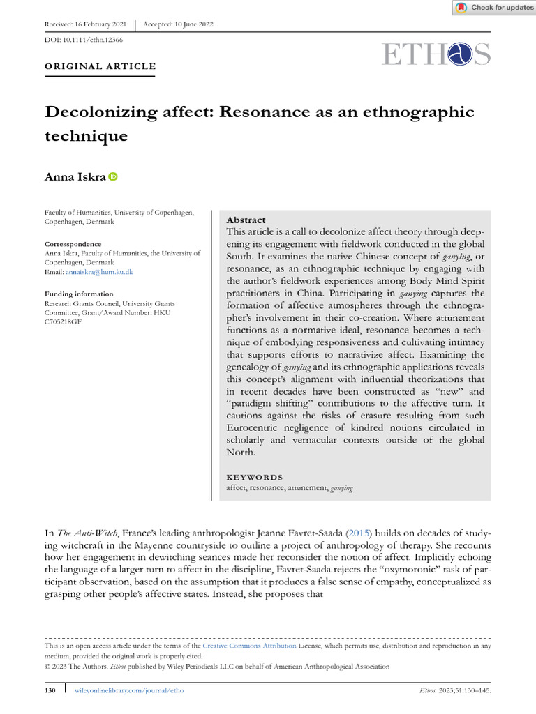 Ethos - 2023 - Iskra - Decolonizing Affect Resonance As An Ethnographic Technique | PDF | Social ...