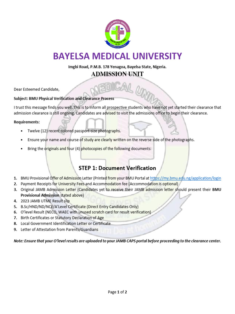 Bayelsa Medical University: Admission Unit | PDF | Career & Growth