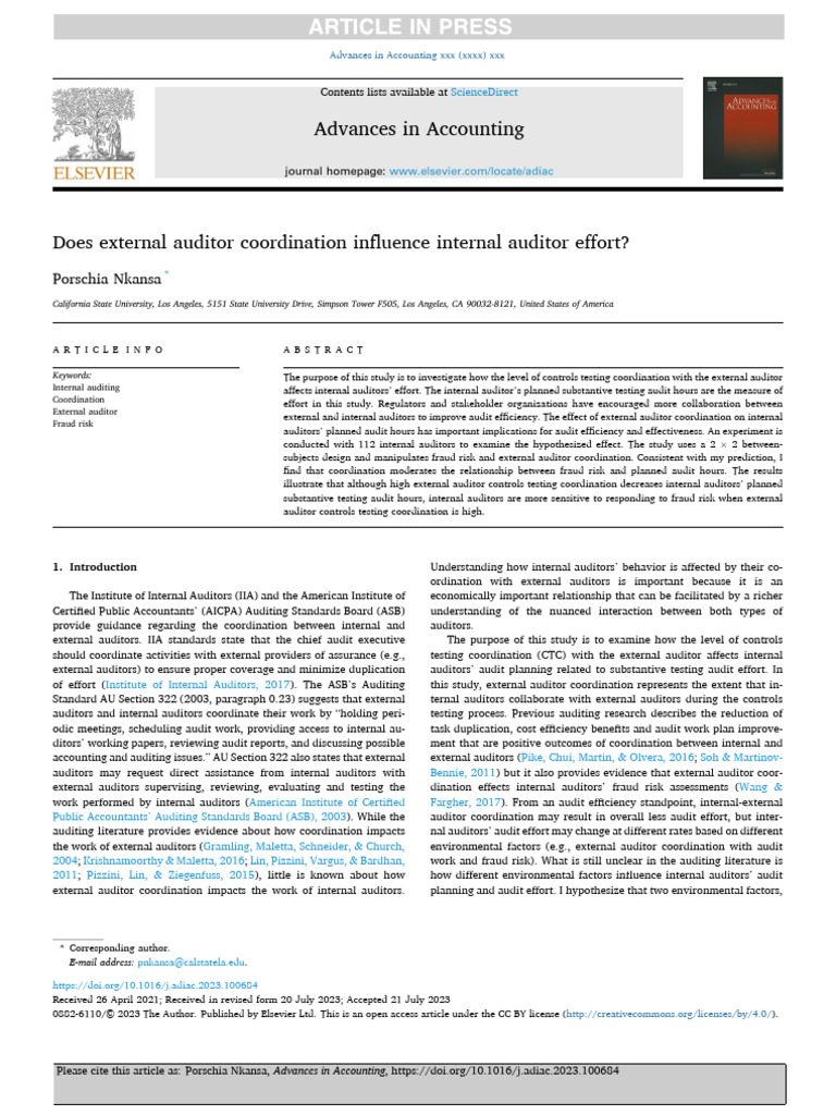 Does External Auditor Coordination Influence Internal Auditor Effort ...