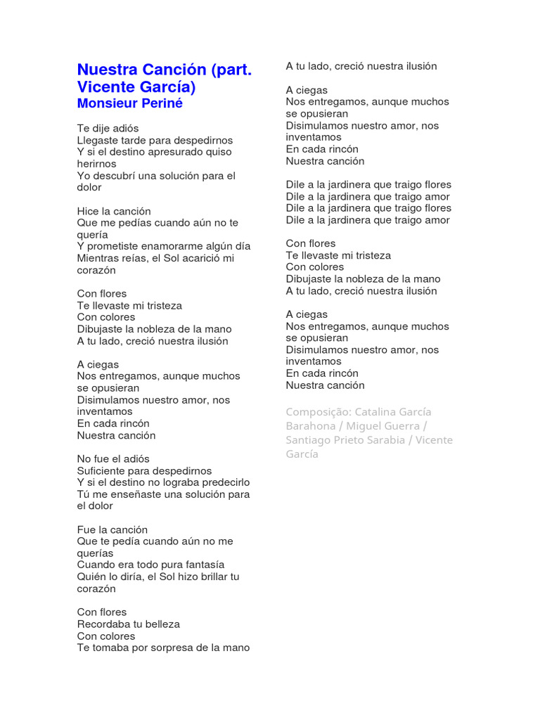 Letra de "Nuestra Canción" - Monsieur Periné | PDF