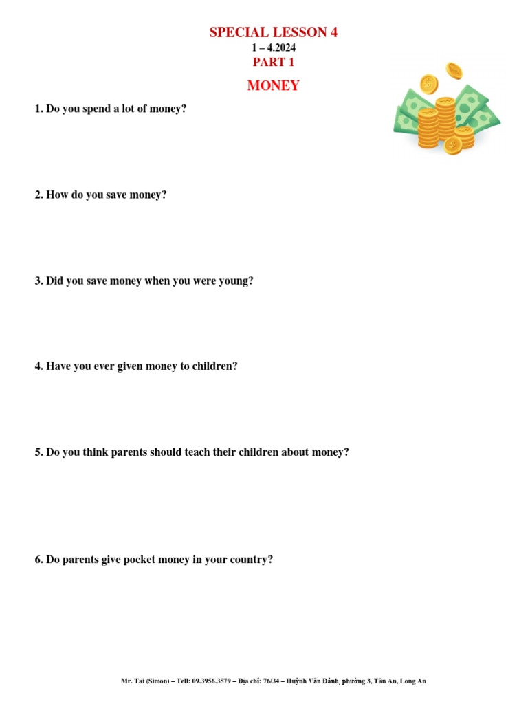 SPEAKING - (1-4.2024) - Lesson 4, Money, Singing, Sunglasses spk2 A Job ...