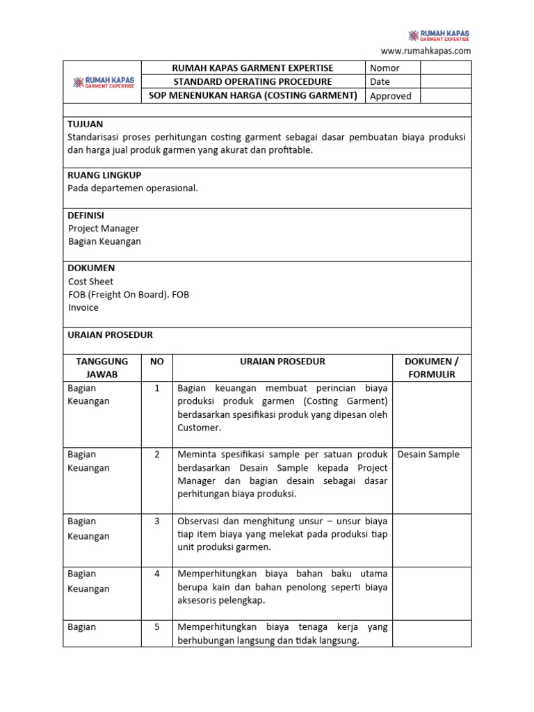 10 SOP MENENTUKAN HARGA (COSTING GARMENT) | PDF