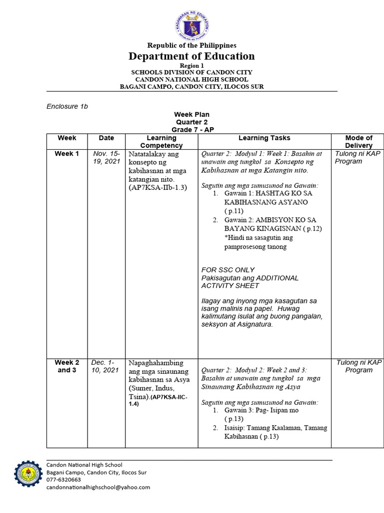 AP Q2 - Week-Plan | PDF