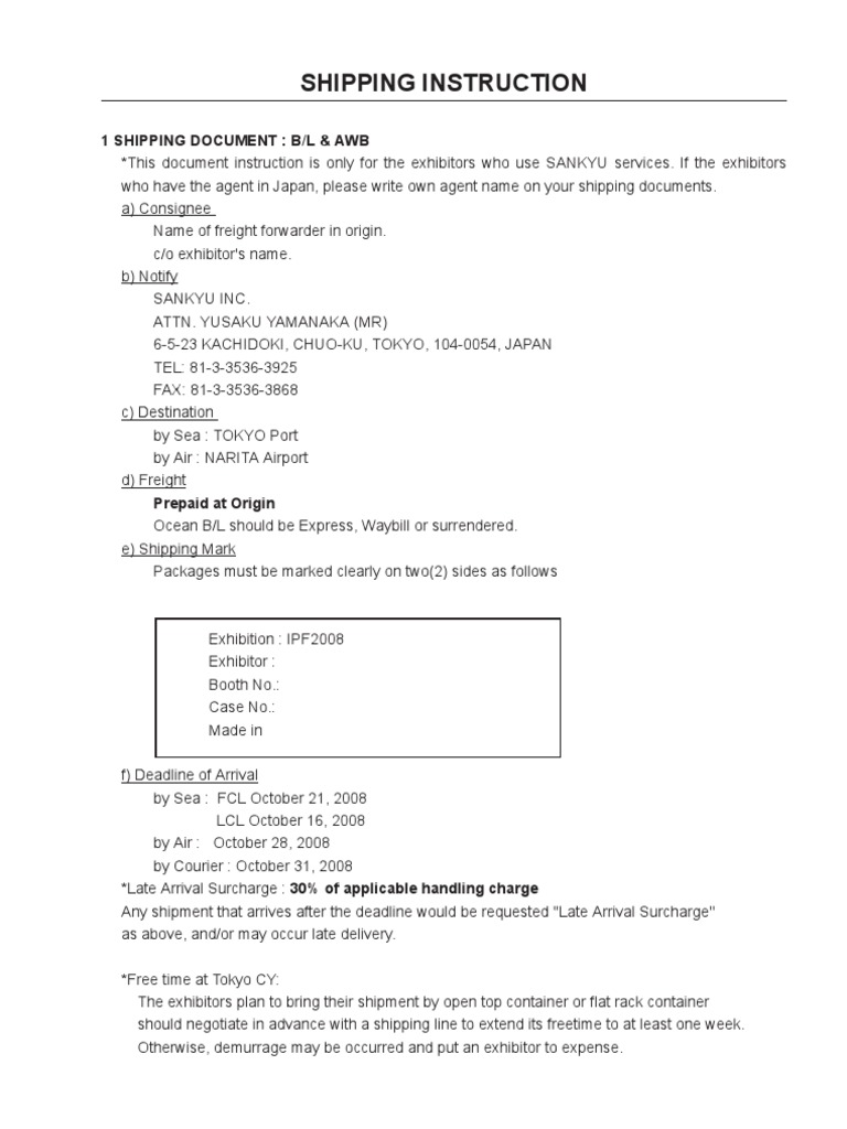 Shipping Instruction: 1 Shipping Document: B/L & Awb | PDF | Courier ...