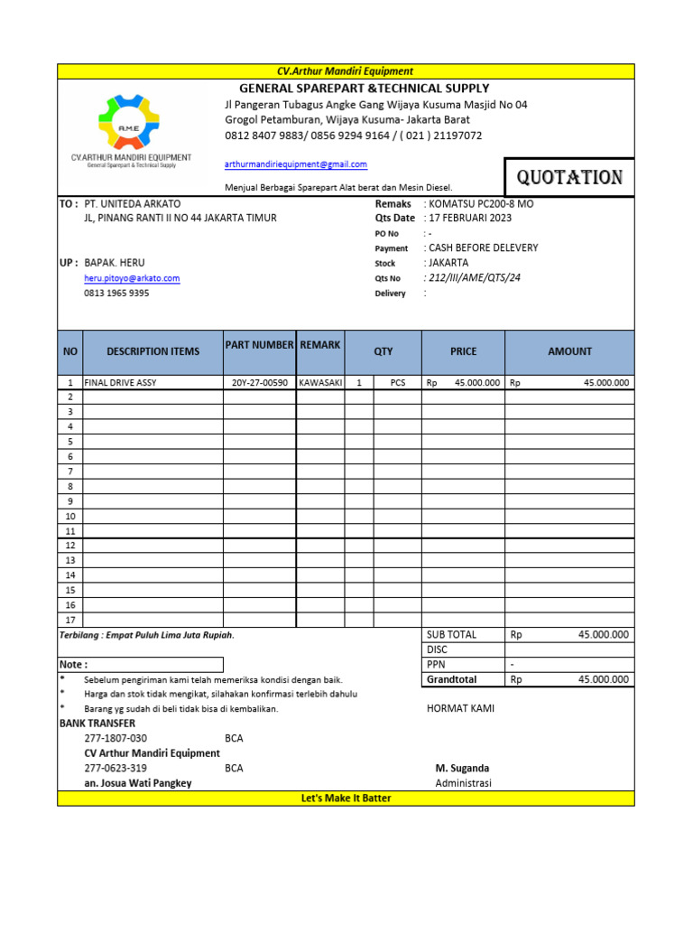 Quotation Ame 212 Iii 2024 PT - Uniteda Arkato Jakarta | PDF