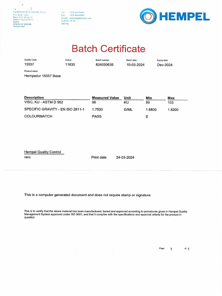 Batch Certificates Hempel | PDF