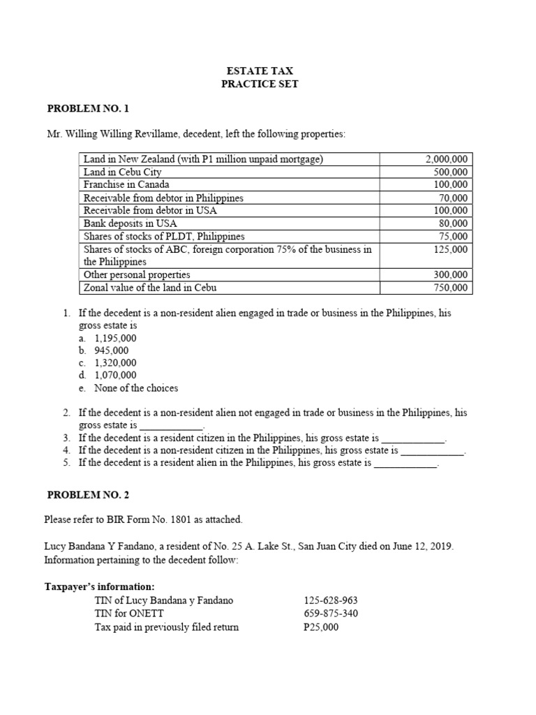 Practice Set No. 1 - Estate Tax - Questionnaire | PDF | Taxes | Tax Deduction