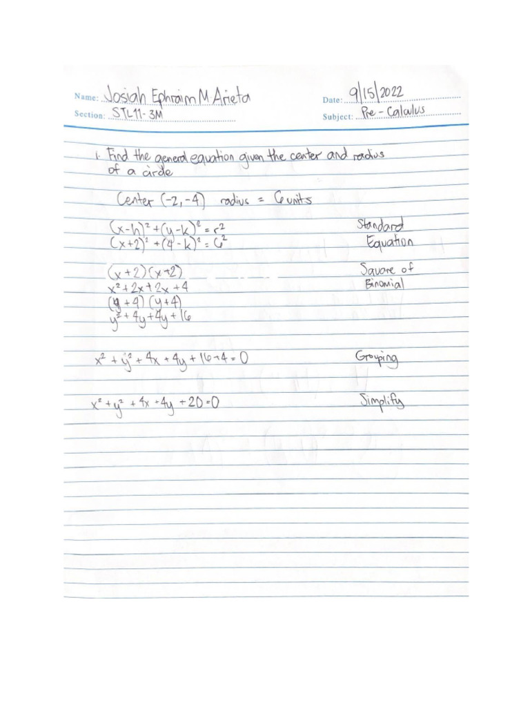 Pre-calculus Center and Radius Activity | PDF