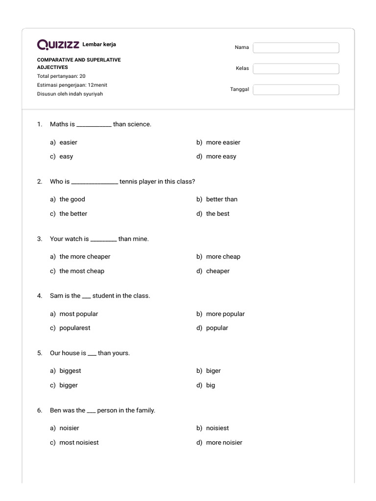 COMPARATIVE AND SUPERLATIVE ADJECTIVES _ Quizizz | PDF | Semantic Units ...