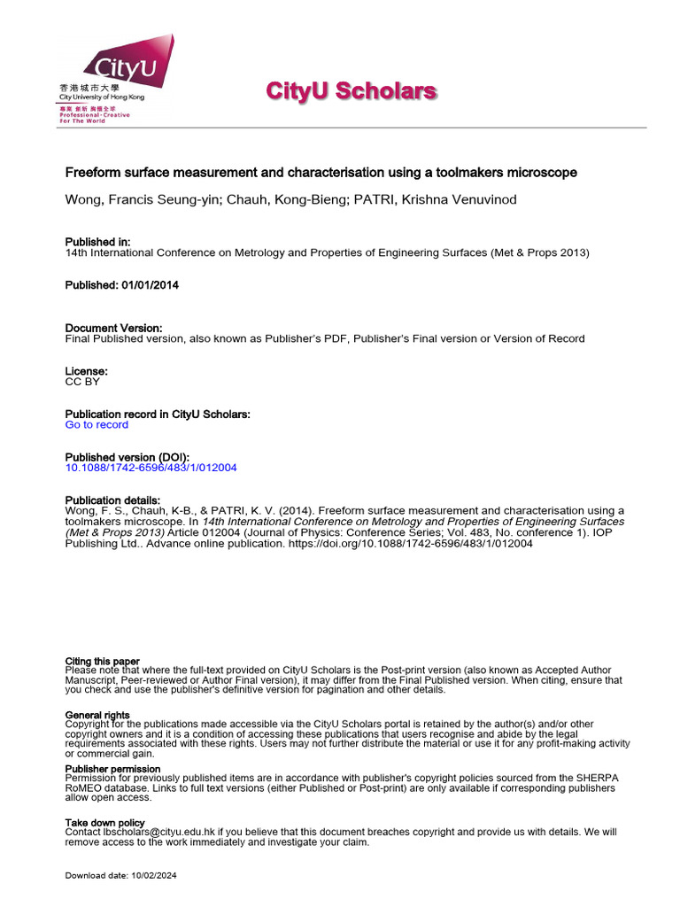 Freeform Surface Measurement and Characterisation Using A Toolmakers ...