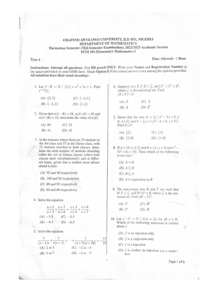 MTH 101 Test Solutions | PDF