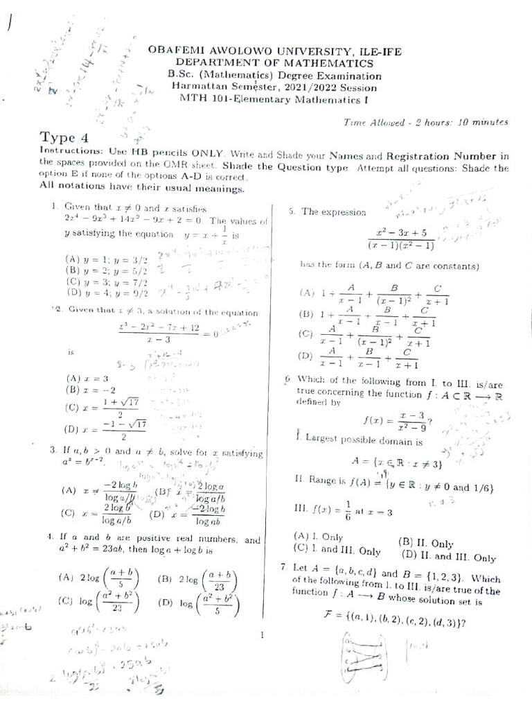 MTH 101 Exam Questions For 2021 2022 | PDF