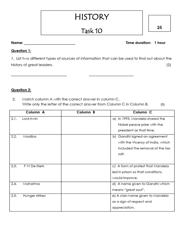 Grade 4 History Task 10 | PDF | Mahatma Gandhi | Nelson Mandela