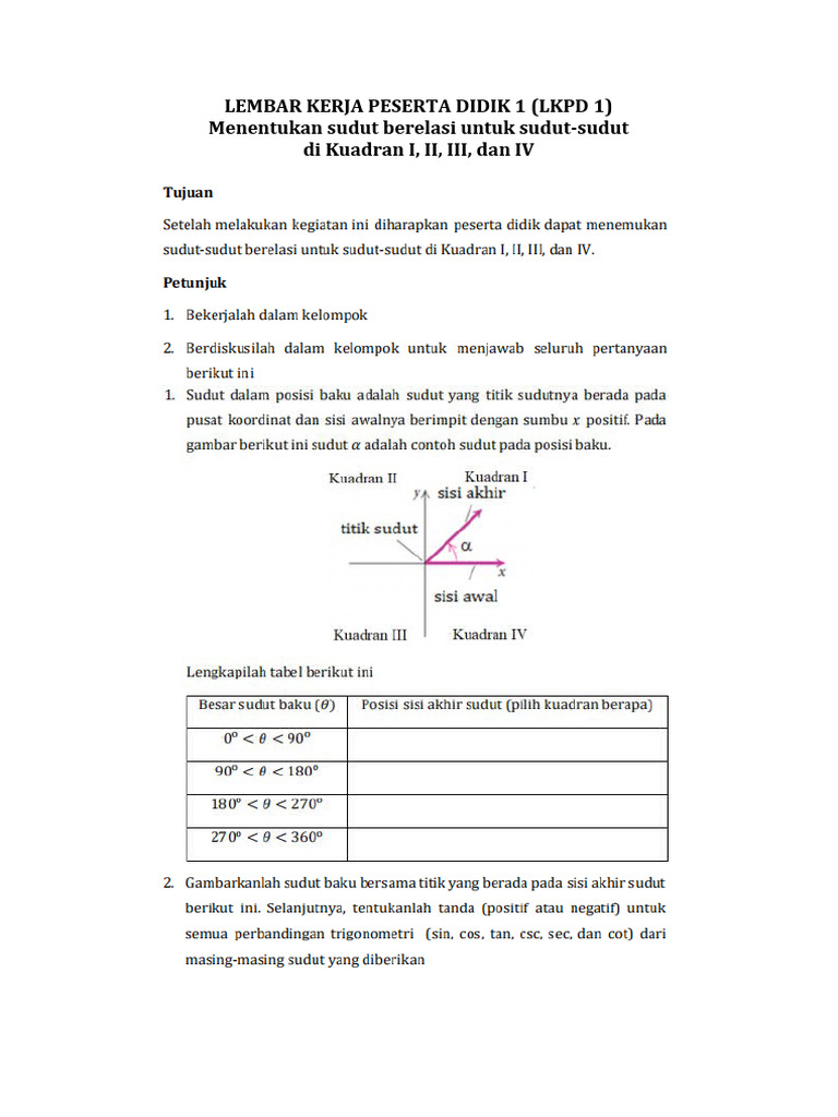 LKPD Trigonometri Sudut Berelasi-1-4 | PDF