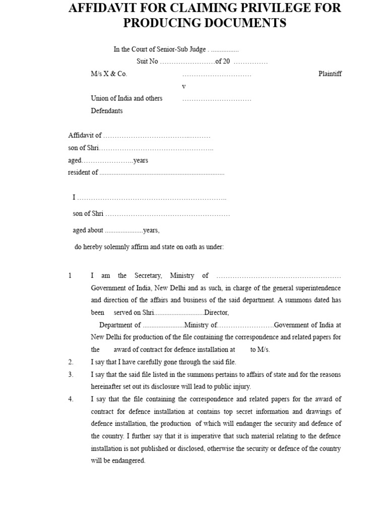 Affidavit For Claiming Privilege For Producing documents-Affidavits-Miscellaneous-1975 | PDF ...