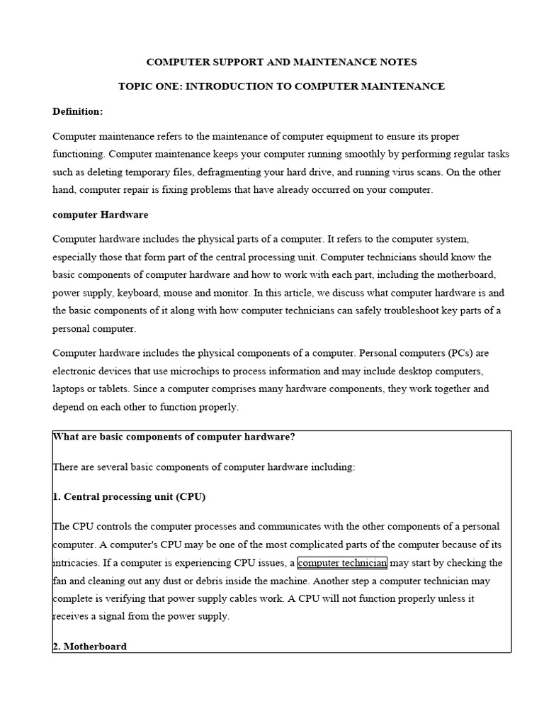 Computer Support and Maintenance Notes | PDF | Computer Hardware ...