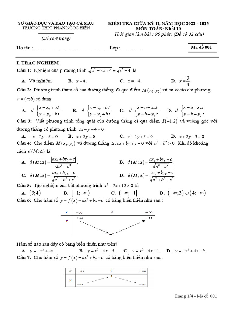 De Giua Ky 2 Toan 10 Nam 2022 2023 Truong THPT Phan Ngoc Hien Ca Mau | PDF