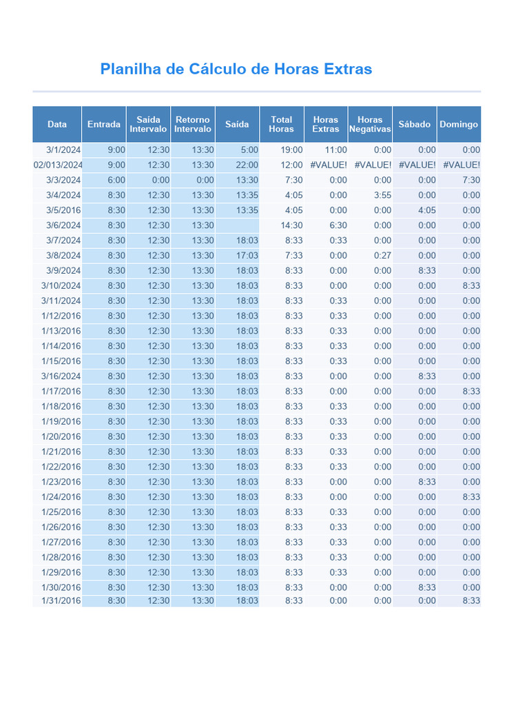 Planilha Calculo Horas Extras Contaazul | PDF