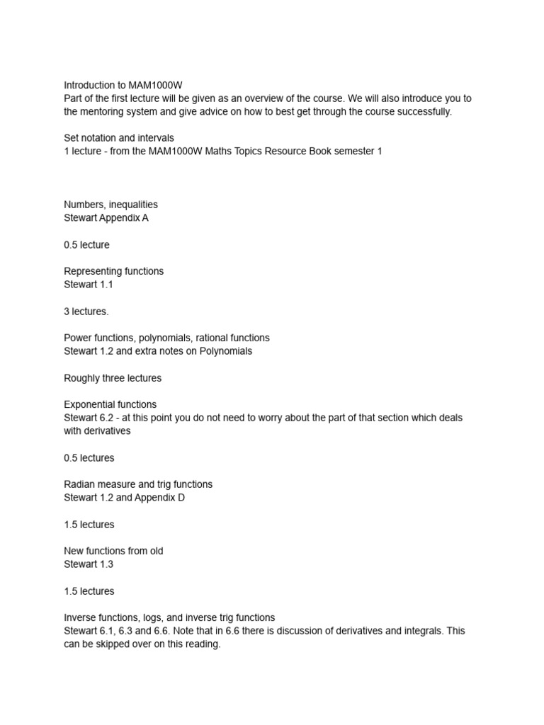 MAM1000W Course Outline | PDF | Complex Number | Integral