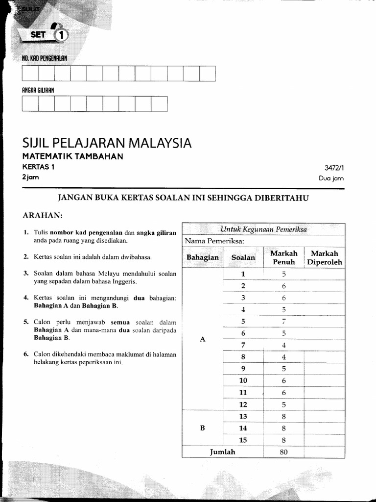 Cemerlang Kertas Model SPM TERKINI ADD MATHS Set 1 | PDF
