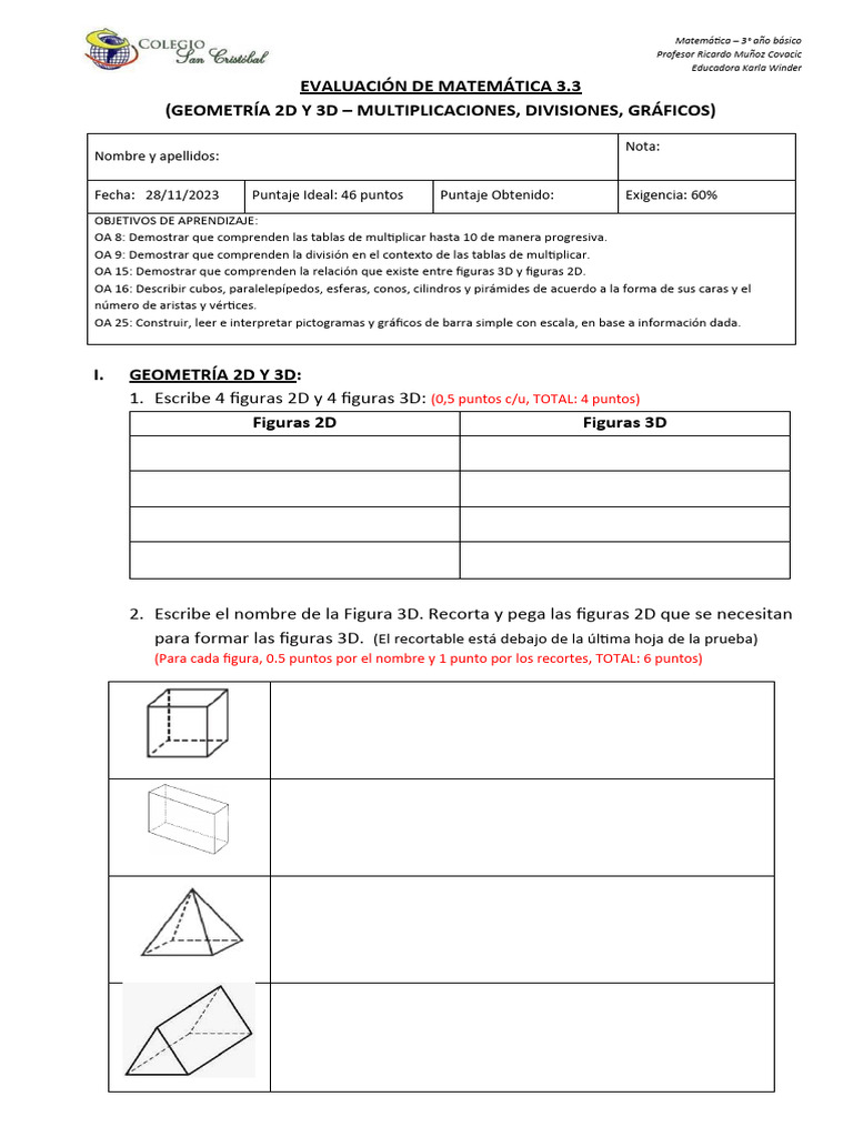 2023 MAT 3° EVALUACIÓN 3.3 (Figuras 2D, 3D - Multiplicaciones - Graficos) | PDF | Matemáticas ...