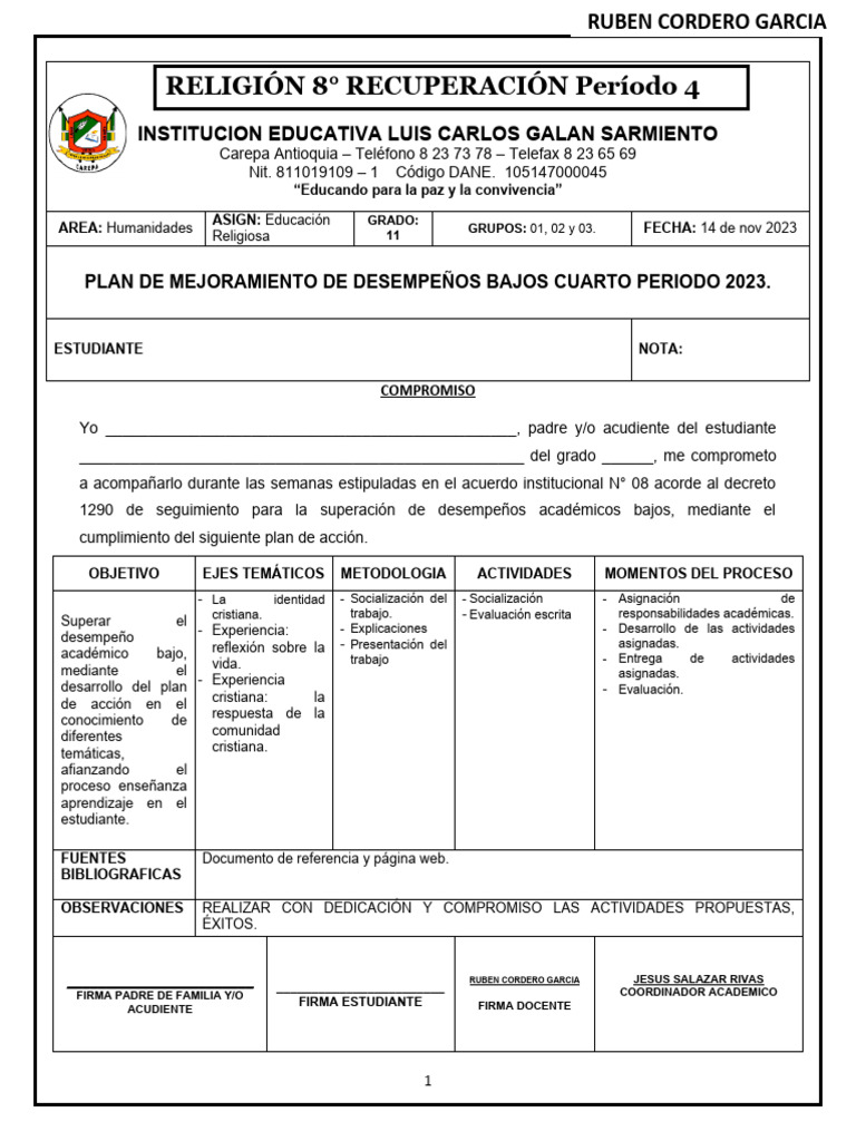 Recuperación - RELIGIÓN 2023 Periodo 4 - RUBEN CORDERO GARCIA | PDF