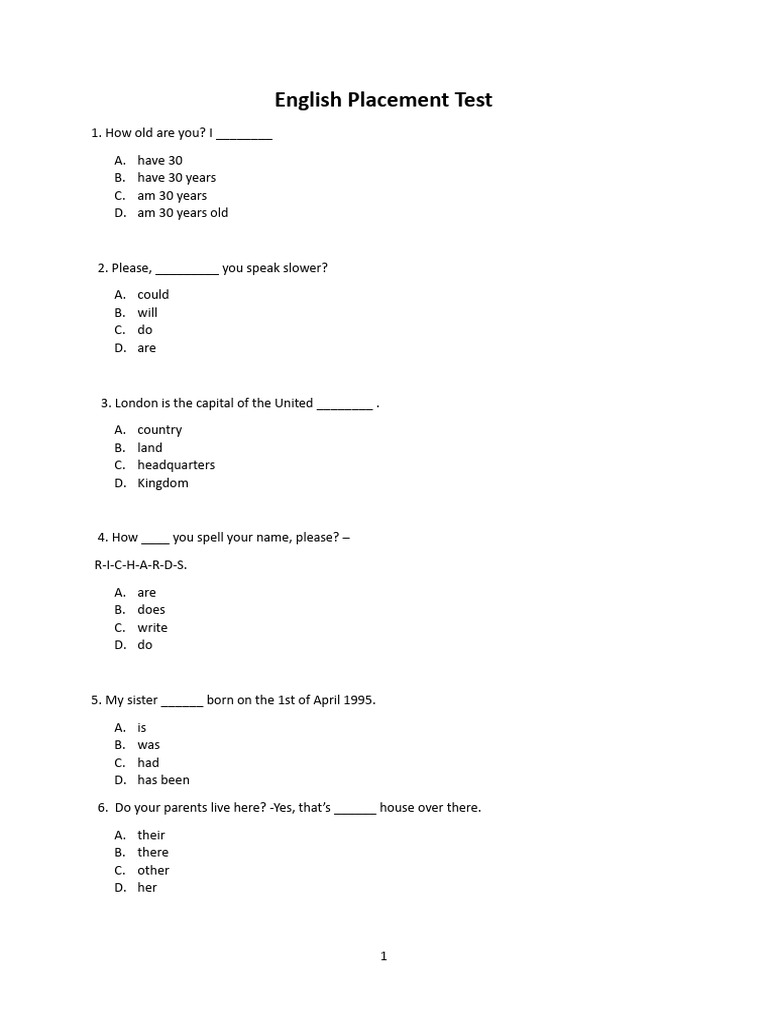 English Placement Test Questions | PDF | Language Arts & Discipline
