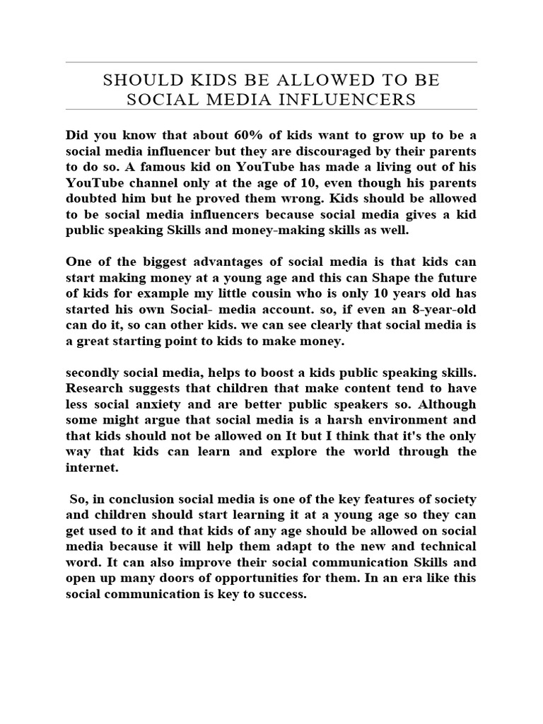 Should Kids Be Allowed to Be Social Media Influencers | PDF
