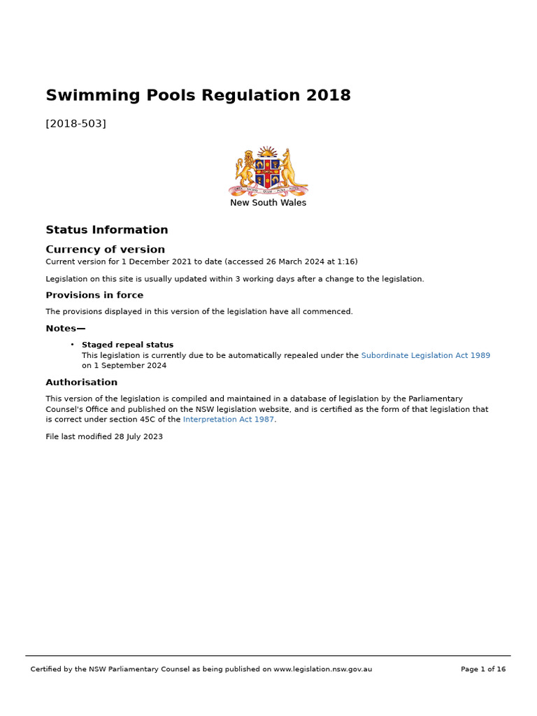 NSW Swimming Pools Regulation 2018 | PDF | Regulatory Compliance ...