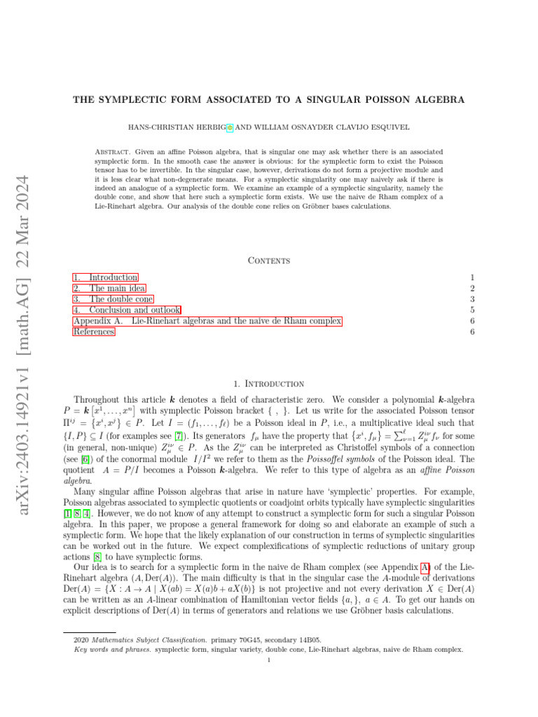 The Symplectic Form Associated To A Singular Poisson Algebra - Hans ...