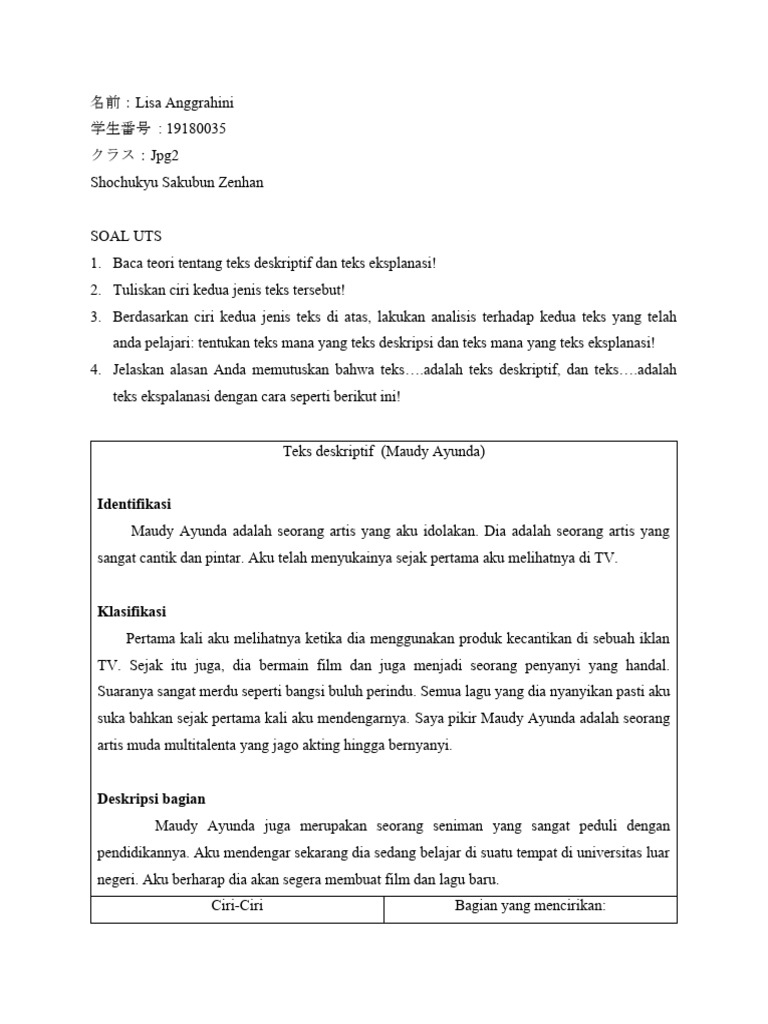 Sakubun T8 UTS Lisa Anggrahini 19180035 | PDF | Seni & Disiplin Bahasa