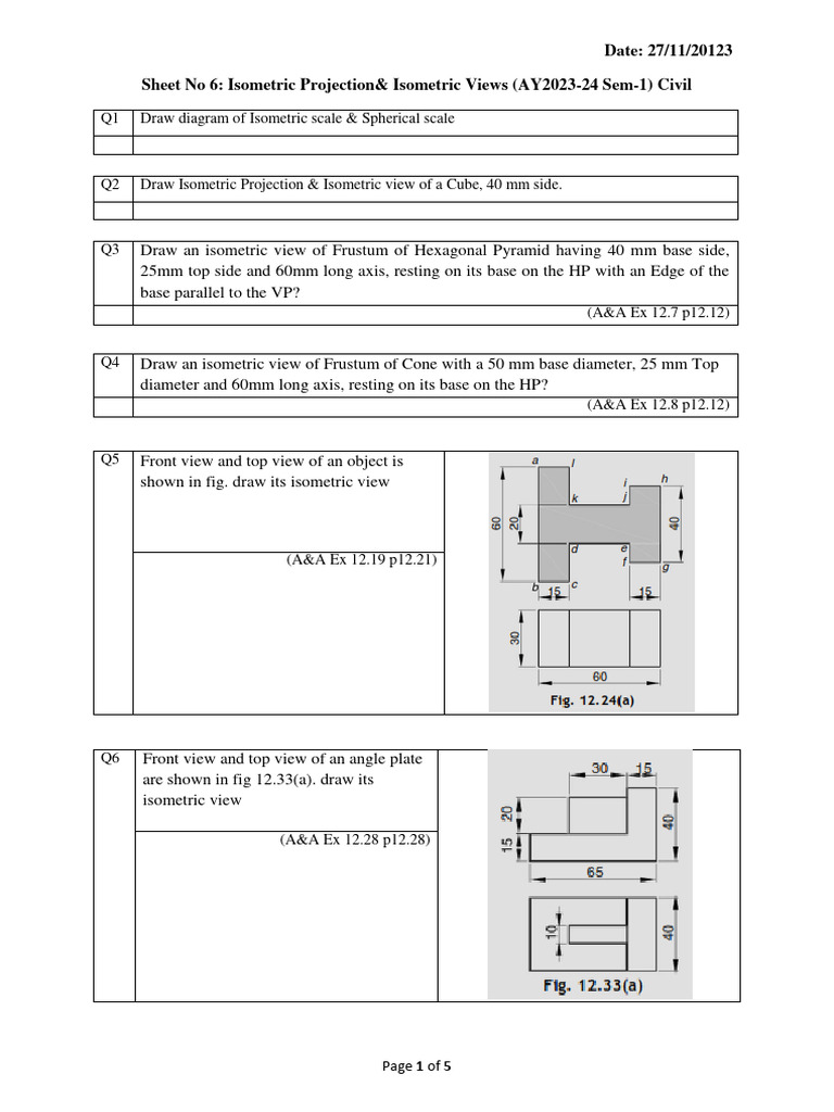Sheet No 6 Isometric Projetion & Isometric Views -AY2023-24 Civil | PDF ...