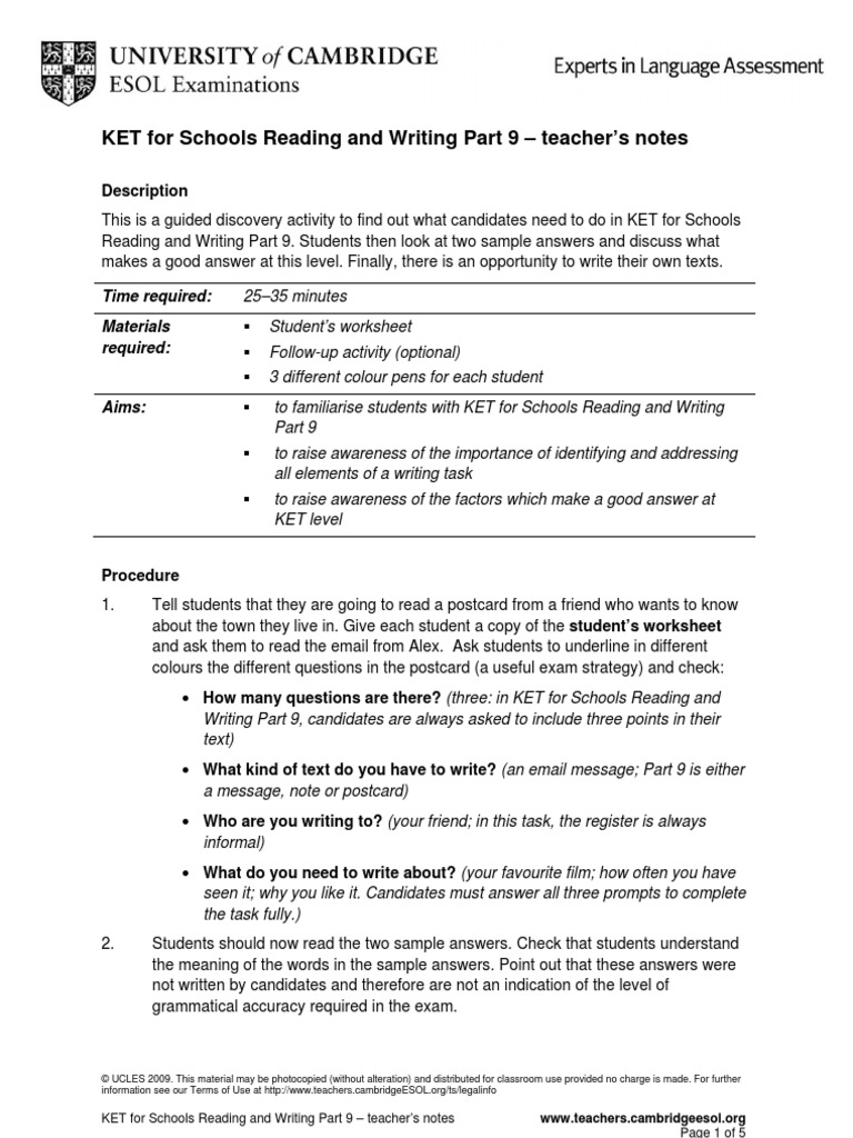 KET for Schools Reading and Writing Part 9 | Question | Phrase