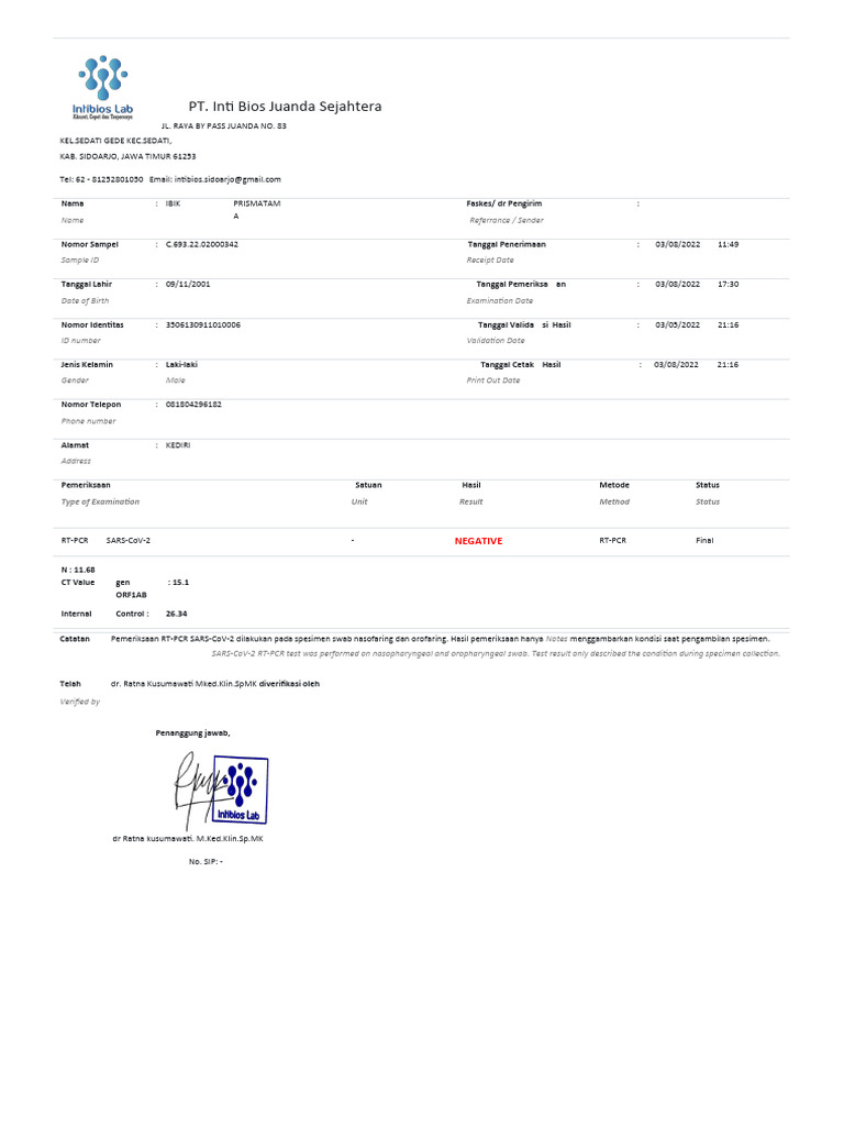 Inti Bios RT-PCR Test Result | PDF