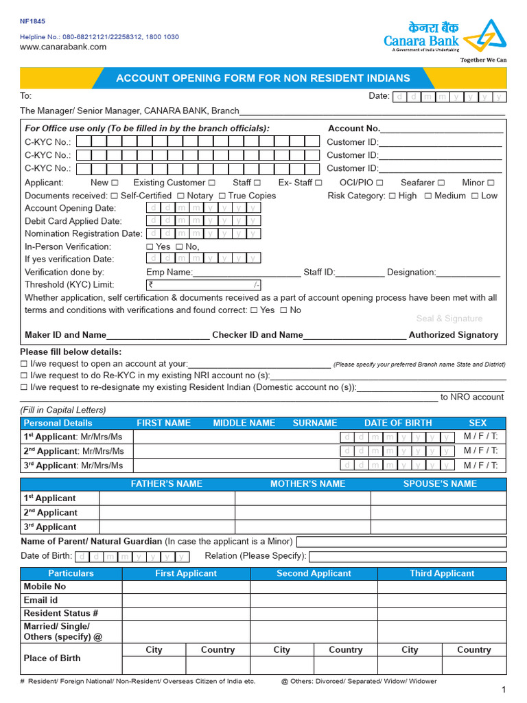 NF1845 NRI Account Opening Form | PDF | Identity Document | Cheque